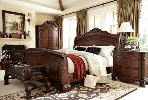 Signature Design by Ashley North Shore Ornate Faux Leather Upholstered Bedroom Bench, Dark Brown