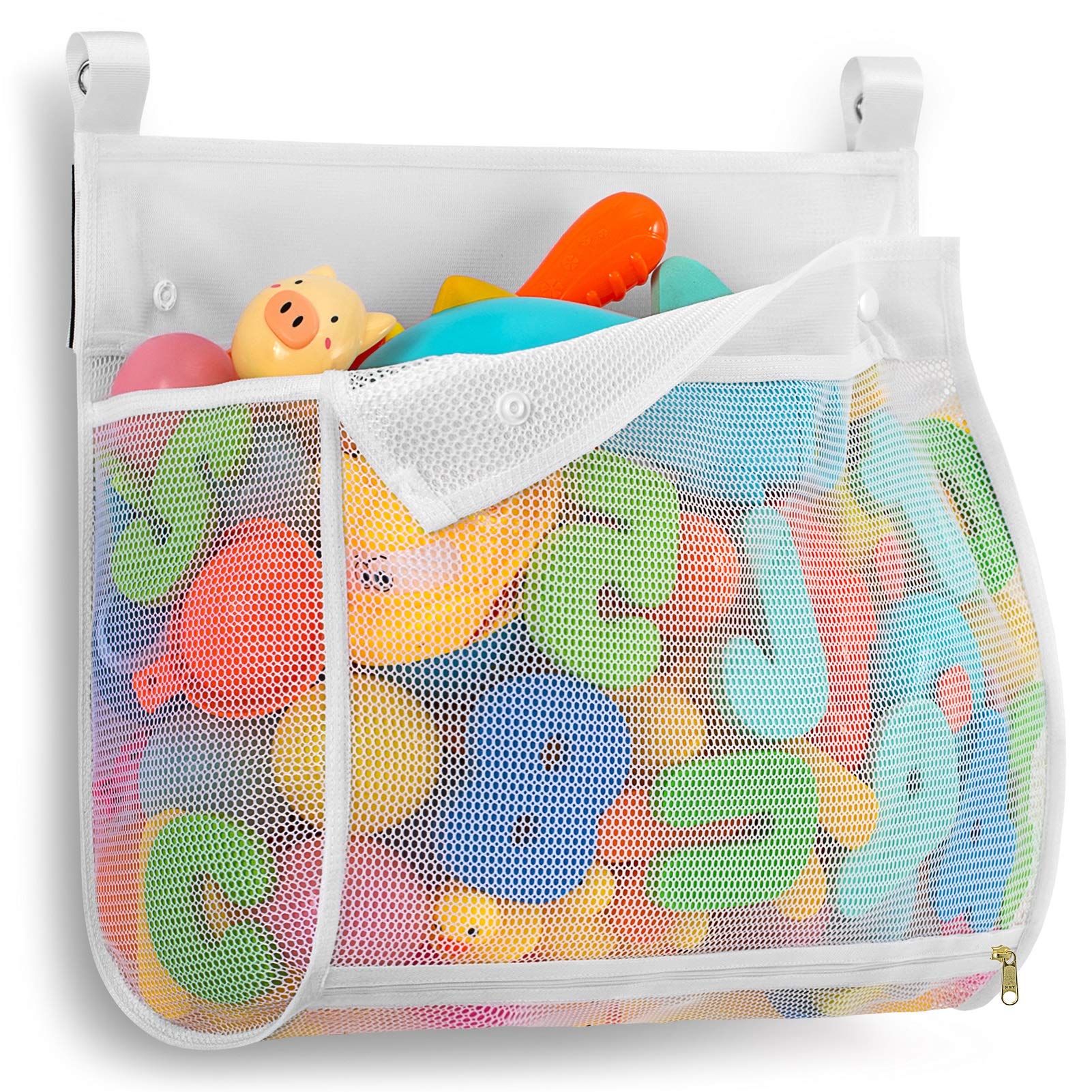 Tenrai Clever Zippered Mesh Bath Toy Organizer, Multiple Ways to Hang, Extra Large Opening Bathroom Toy Holder, Large Capacity Multi Use Bathtub Toy Storage Bag,(1 Small, White)