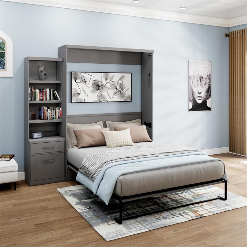RoomAndLoft Brentwood Queen Contemporary Solid Wood Murphy Wall Bed and Shelf Storage with Drawers in Gray