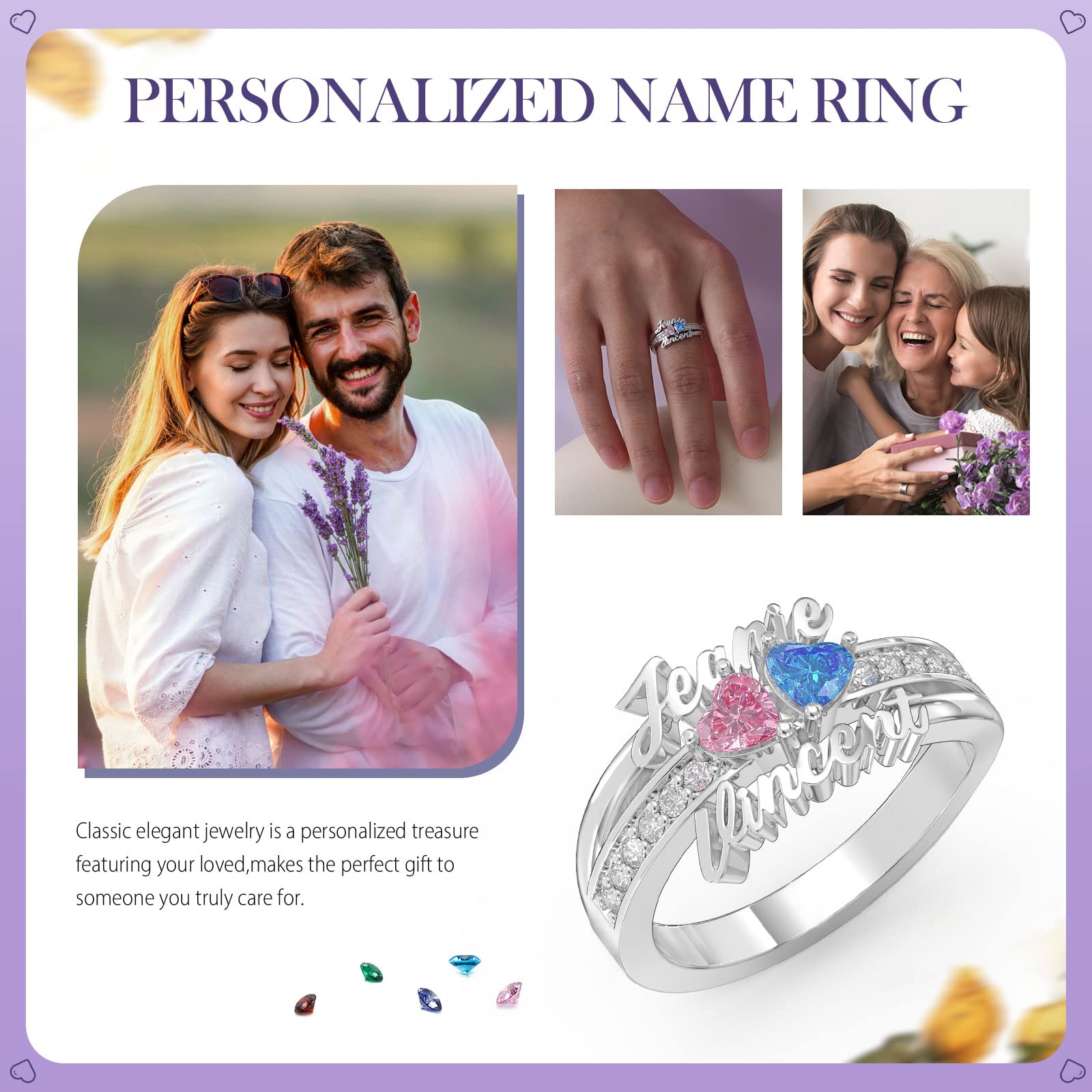 SimpleQ Custom Made Names Ring for Women, Personalized 2 Birthstones Mother Ring Promise Rings for Her with 3D Custom (6)