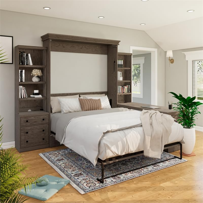 RoomAndLoft Windsor Queen Solid Wood Murphy Wall Bed and Two Shelf Storage Units with Single Side Desk and Drawers in Gray