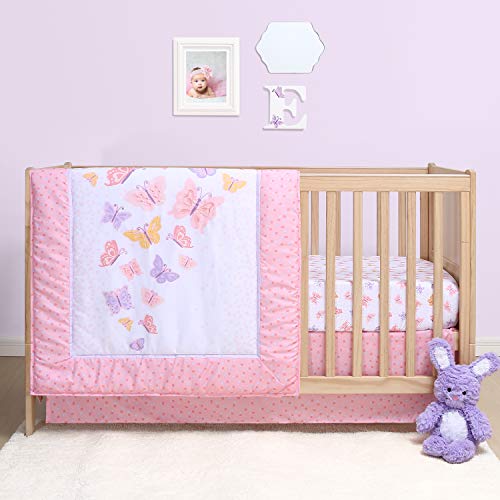 The Peanutshell Butterfly Crib Bedding Set for Baby Girls | 3 Piece Nursery Set | Baby Quilt, Crib Sheet, and Dust Ruffle