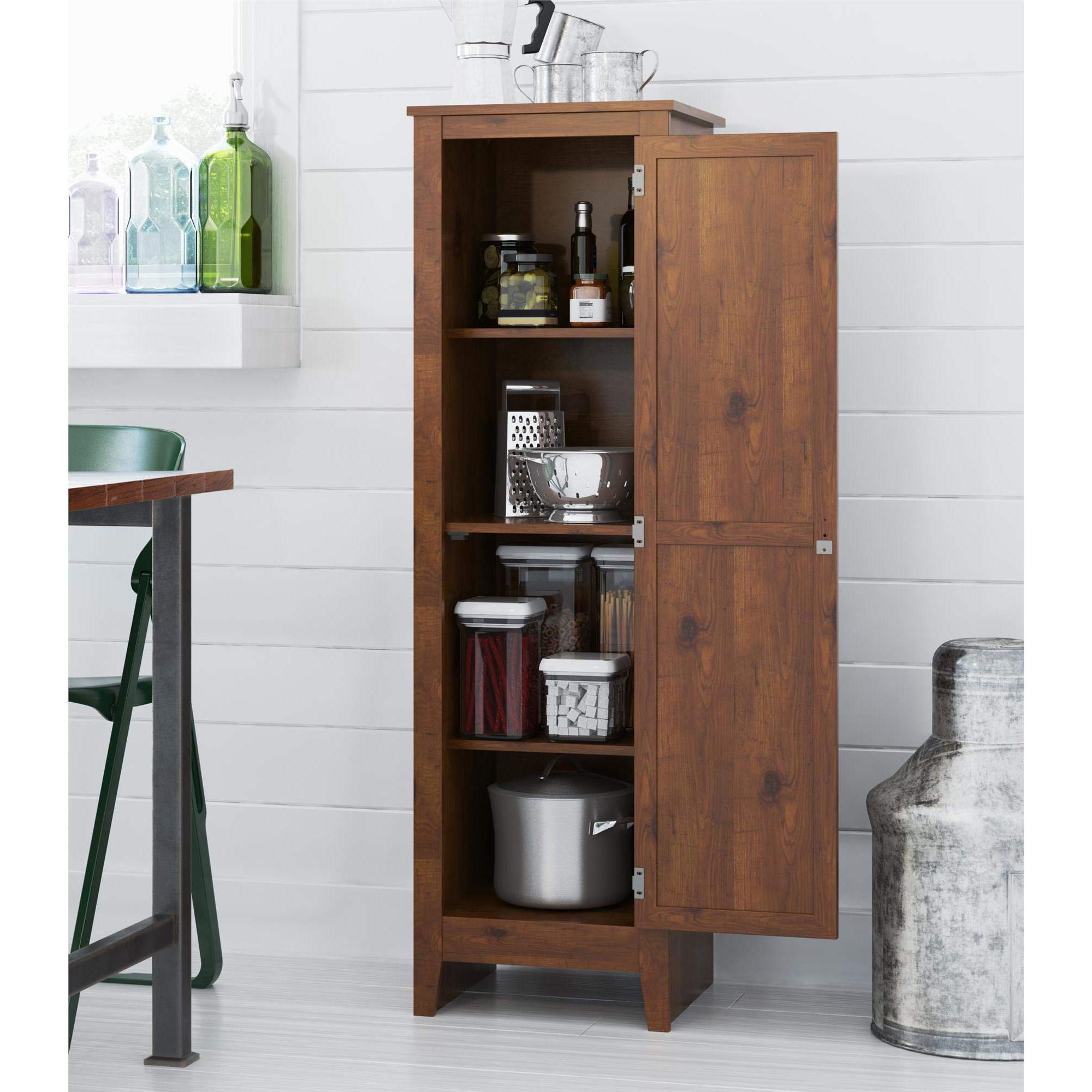 Storage Pantry Cabinet Brown Laminate Paper Pewter Pine Finish
