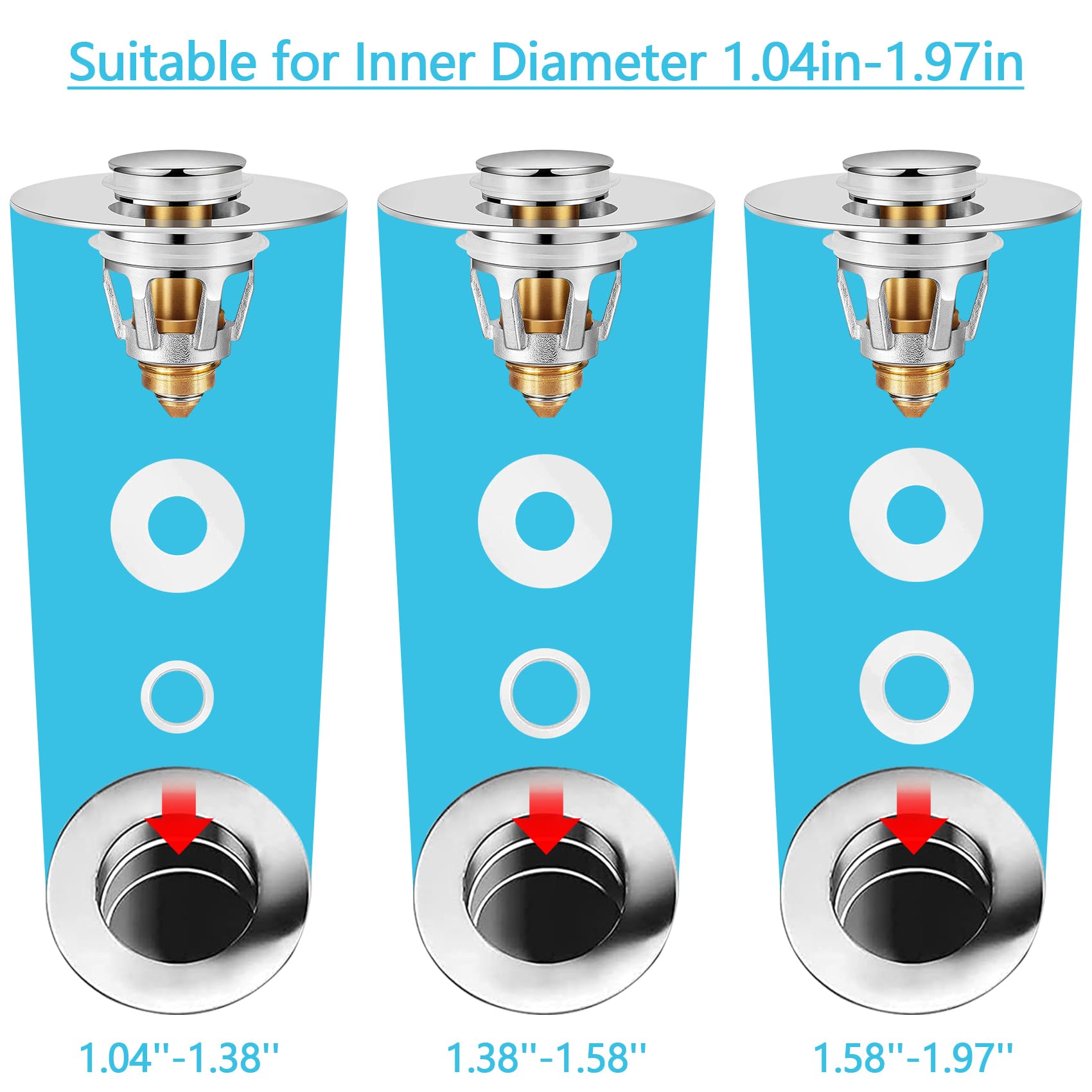 Universal Bathroom Sink Stopper in Brass, 1.04-1.97 Inch Pop Up Basin Sink Drain Stopper, Sink Drain Strainer with Anti Clogging Filter Hair Catcher