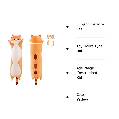 SNOWOLF Cat Soft Pillow Plush Long Throw Sleeping Pillow Cotton Kitten Pillow Cuddly Stuffed Cute Plush Doll Toy Gift for Kids Girlfriend (Yellow, 50cm/19.68Inch)