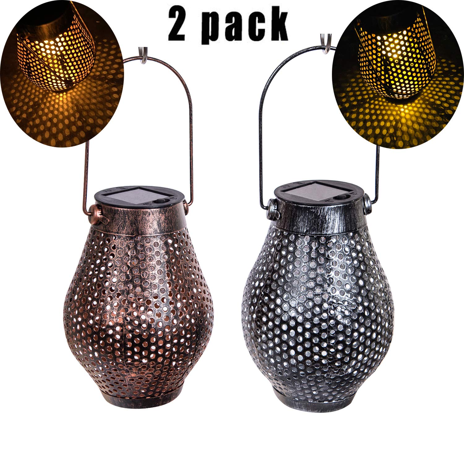 Solar Tabletop Lanterns Decorative Solar Lantern Hanging Retro Hollow Lights Metal Waterproof Table Lamp with Handle for Outdoor Patio Garden Backyard Decorative,2 Pack