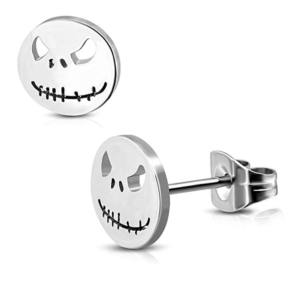 SIISPRI Stainless Steel Black/Silver Jack Skellington Cut-Out Round Circle Button Stud Post Earrings(10mm) (SilverER0026)