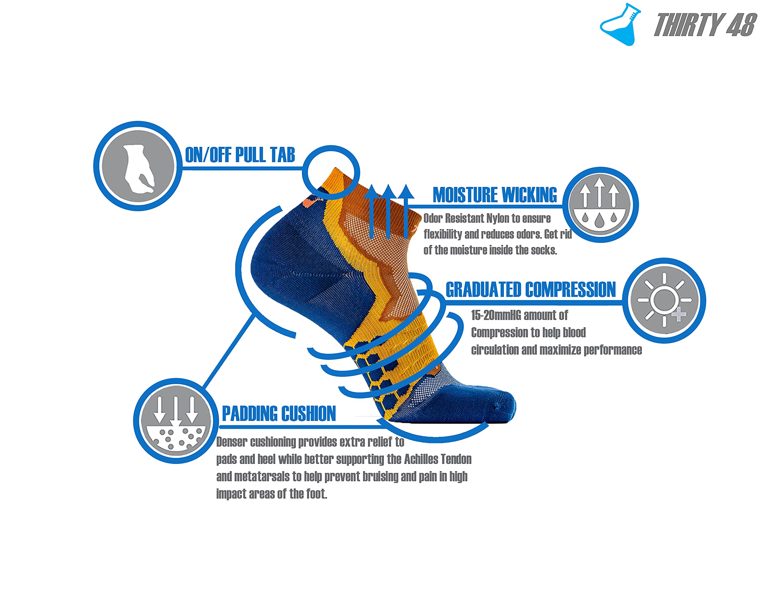 Thirty48 Performance Compression Low Cut Running Socks for Men and Women | More Compression Where Needed ([3 Pair] Mustard/Navy, Large - Women 9-10.5 // Men 10-11.5)