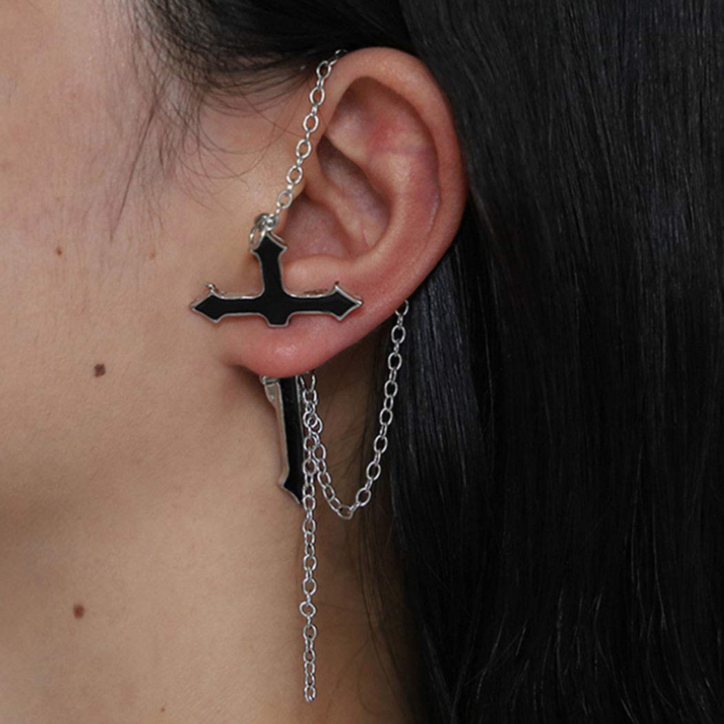 Zehope Black Cross Chain Earring Silver Punk Dangle Stud Earrings Long Sword Earring Jewelry for Women (1 Pcs)