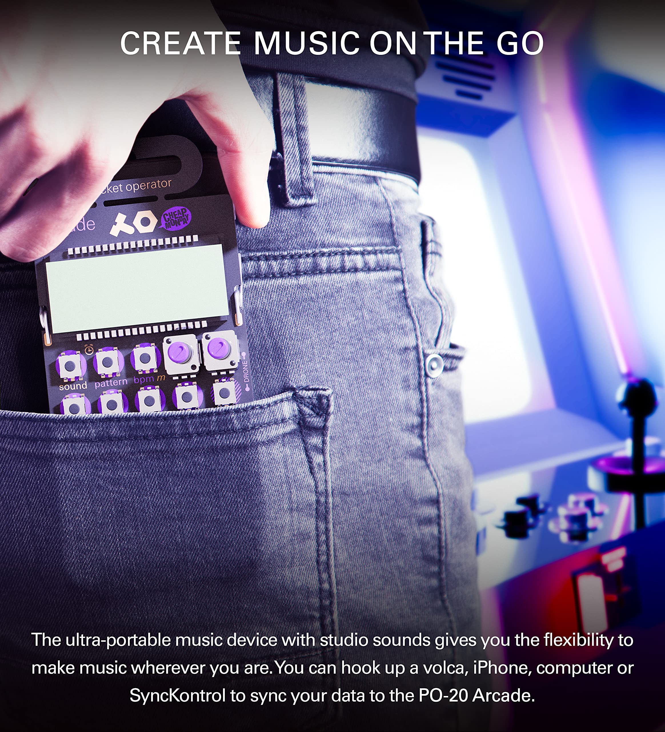 teen age engineering Pocket Operator PO-20 Arcade Synthesizer and Sequencer Bundle with Samson SR350 Over-Ear Stereo Headphones, Blucoil 3-Pack of 7" Audio AUX Cables, and 4 AAA Batteries