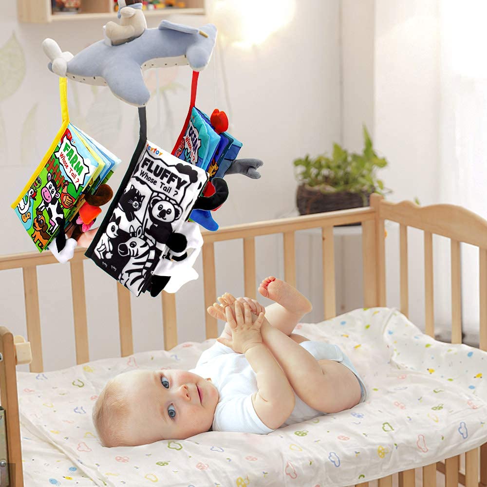 teytoy My First Crinkle Tail Books, 4 PCS Nontoxic Fabric Baby Cloth Activity Crinkle Soft Books, Infants & Toddler Early Development Interactive Toys, Gift for Babies and Toddlers