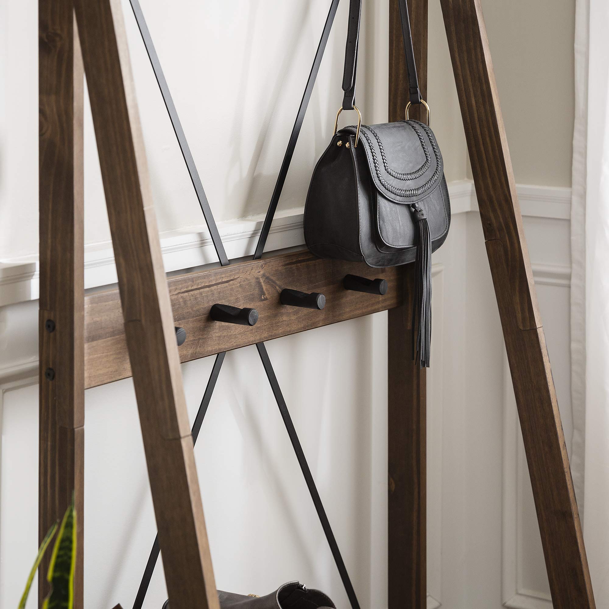 Walker Edison X Back Farmhouse Entryway Bench Hall Tree Coat Rack Shoe Storage Shelf Mudroom Hallway Organizer, 68 Inch, Grey