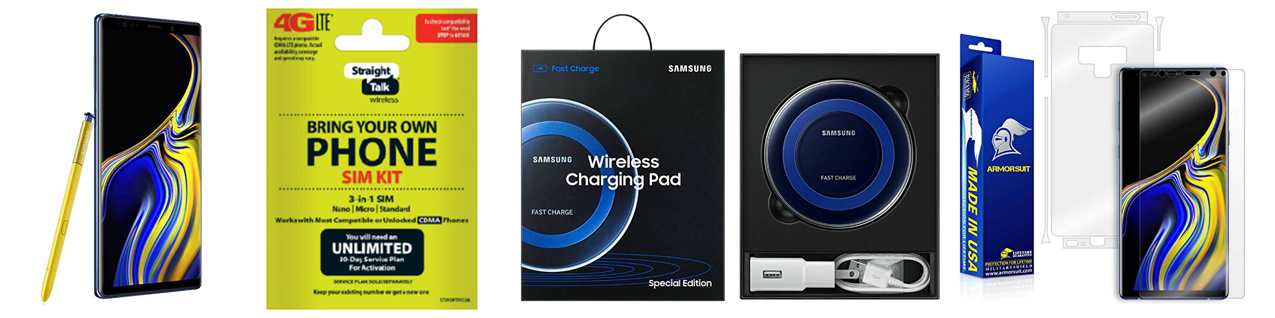 Straight Talk Samsung Galaxy Note 9 128Gb SM-N960U Ocean Blue with a CDMA BYOD Kit & A Samsung Wireless Charger Plus A Installed Armor-Suit Full-Body Protector Bundle