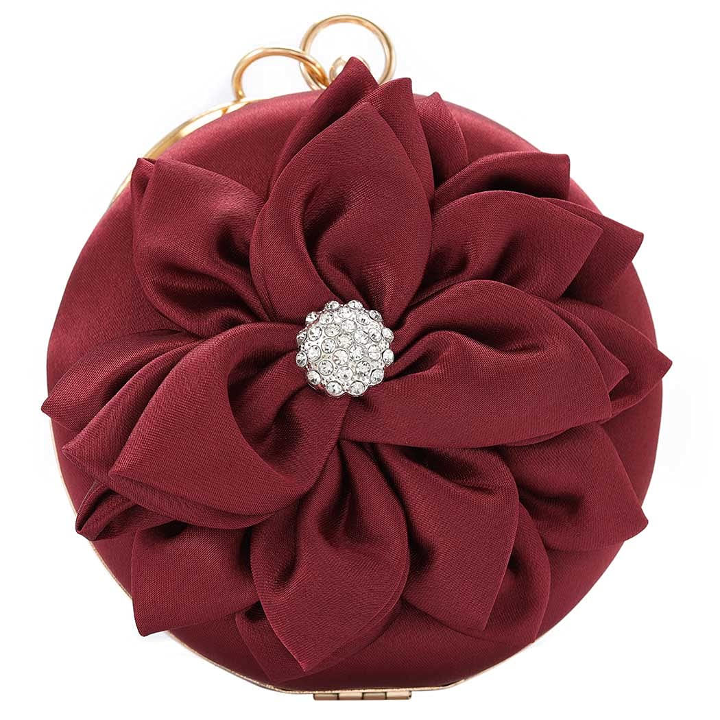 Yokawe Women Evening Bag Satin Flower Clutch Purse Wedding Party Prom Handbag (Wine red)