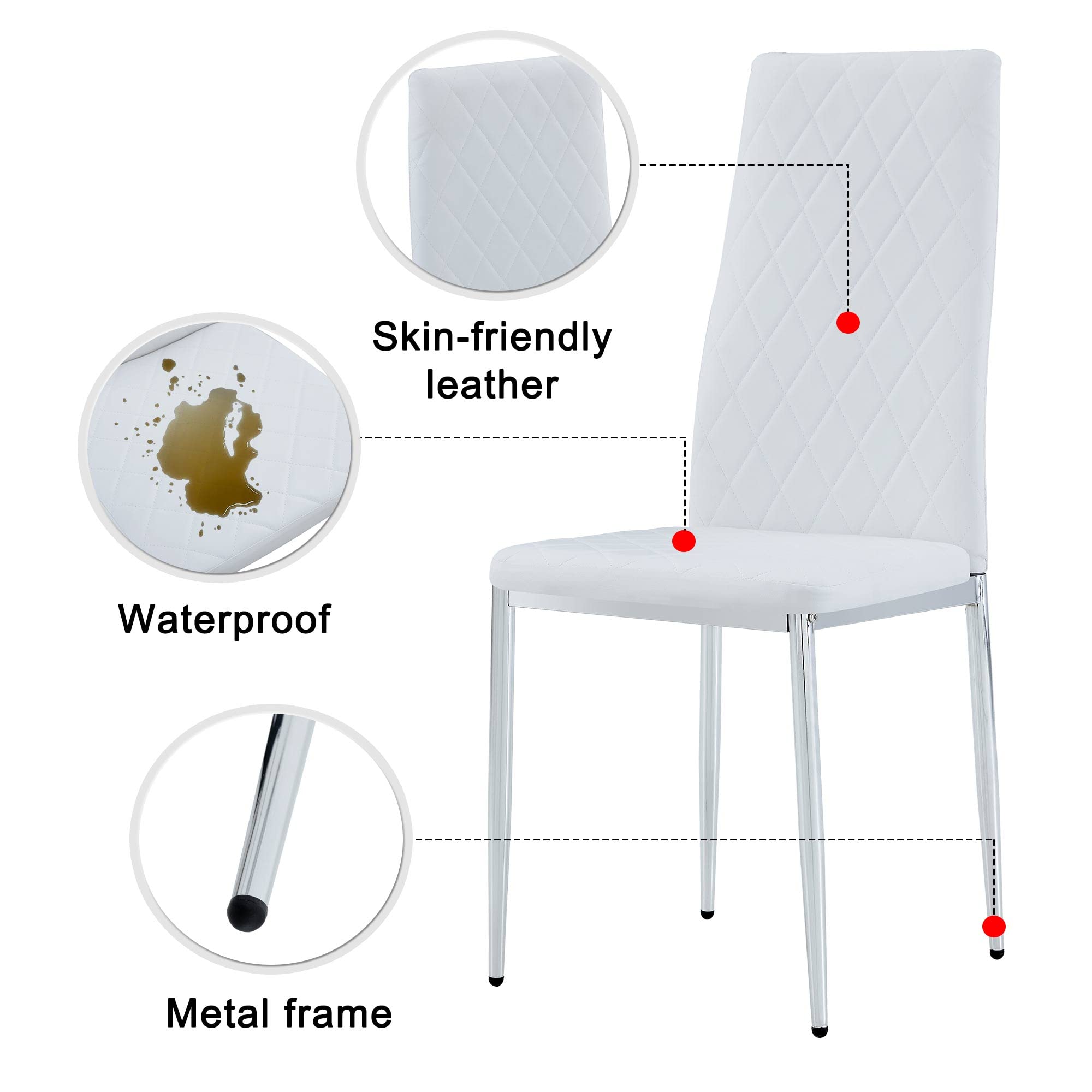 Rophefx Dining Chairs Set of 6, Modern Dining Room Chairs Upholstered Kitchen Chairs PU Leather Metal Legs High Back Side Chairs for Living Room, Kitchen, White