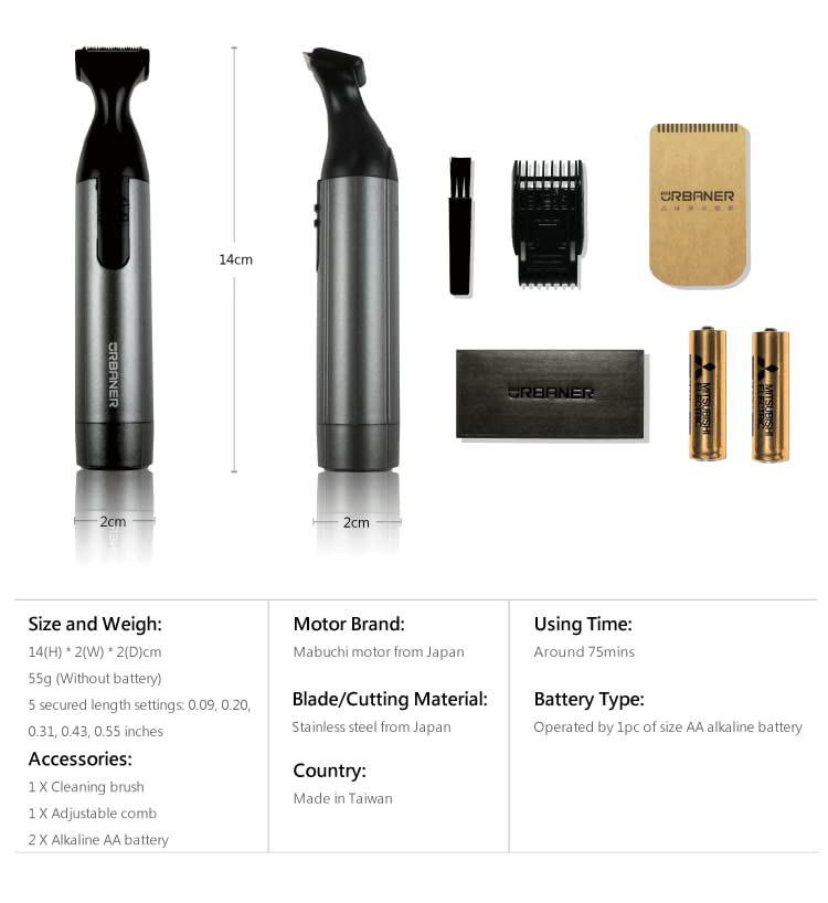 URBANER Mustache Edger, Battery Operated, Waterproof Compact Beard Trimmer for Men, Portable Clipper for Travel Grooming, Gift for Men, Length Adjustable, MB-042
