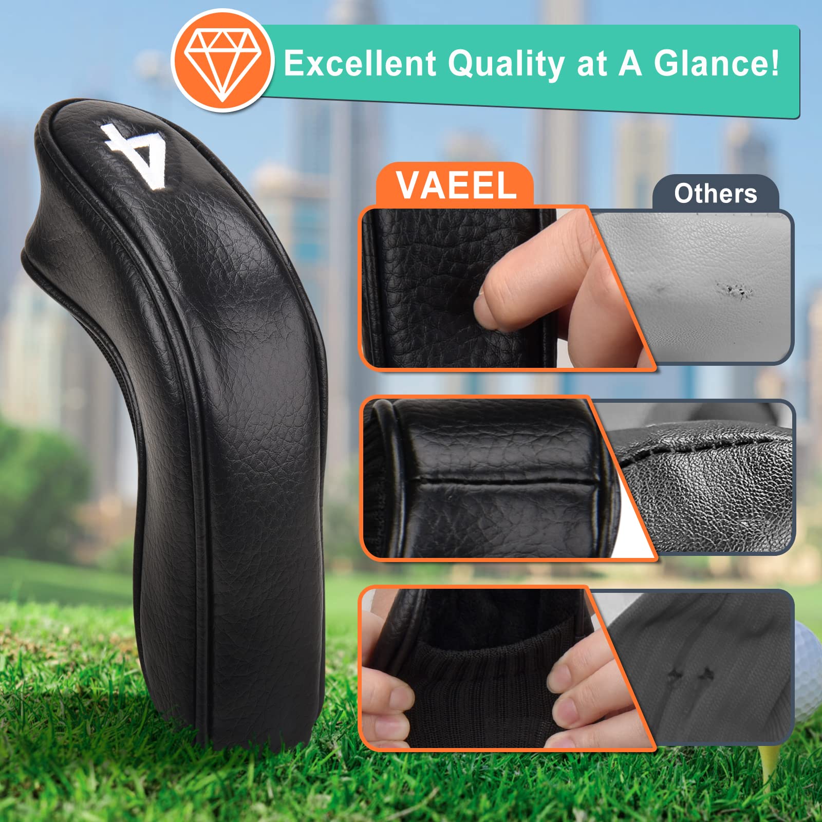 VAEEL 9pcs Hybrid Head Covers for Golf Clubs, Premium Leather Hybrid Iron Covers, Black Hybrid Headcover Set Fit Most Hybrid Irons