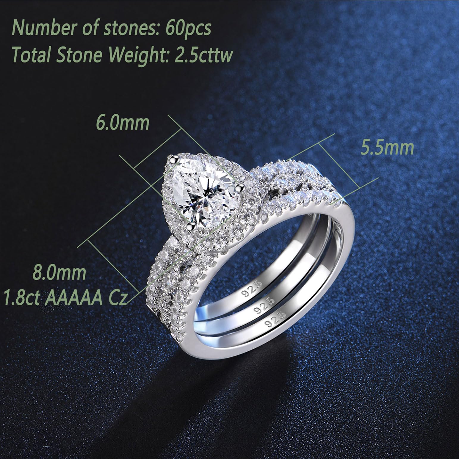 Wuziwen Halo Pear Cut Wedding Ring Set CZ Engagement Rings for Women 925 Sterling Silver Size 6