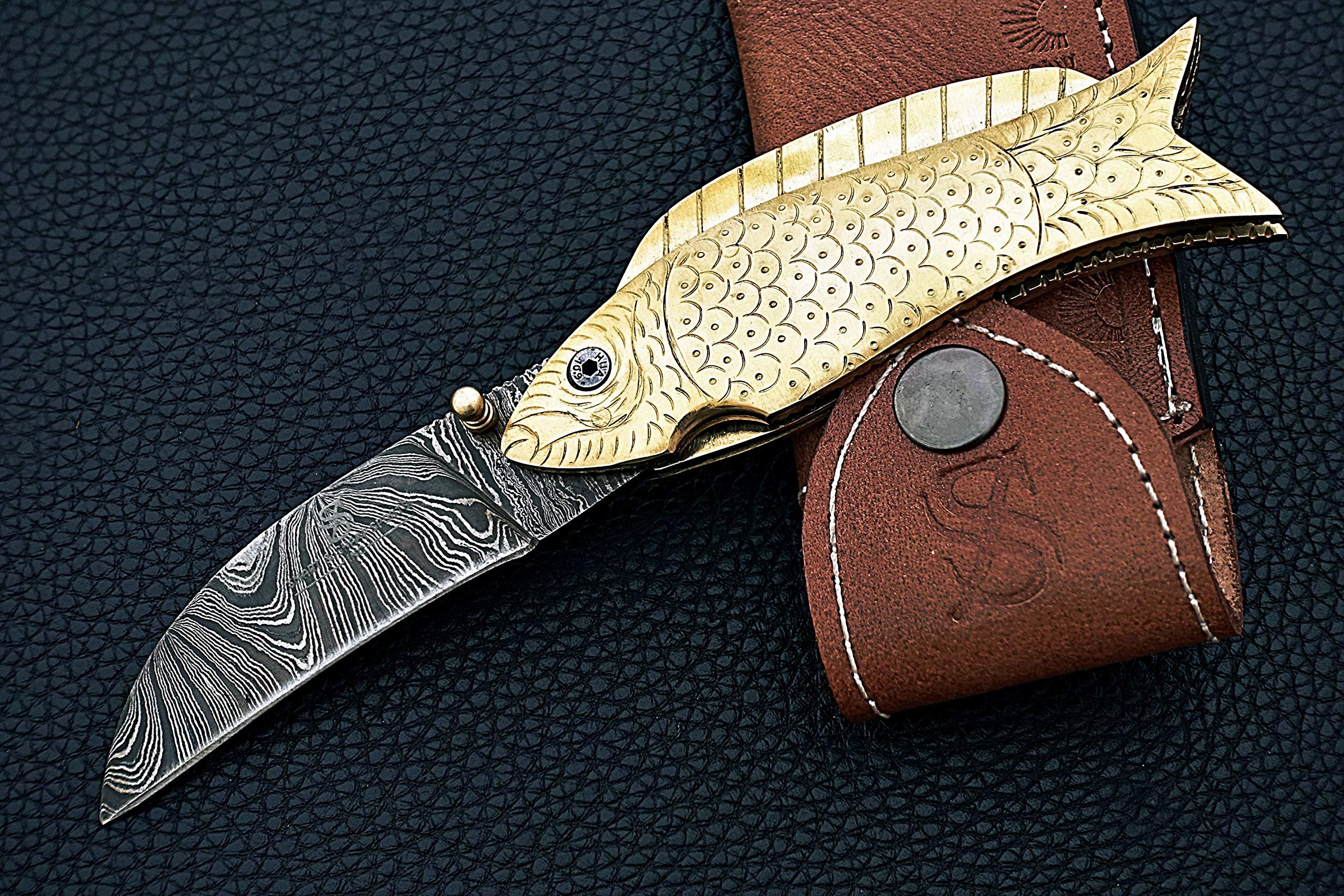 Smart & Sharp Custom Handmade Damascus Steel Fish Knife/Folding Knife/Pocket Knife SS-17370(Brass Engraved Handle) (brass)