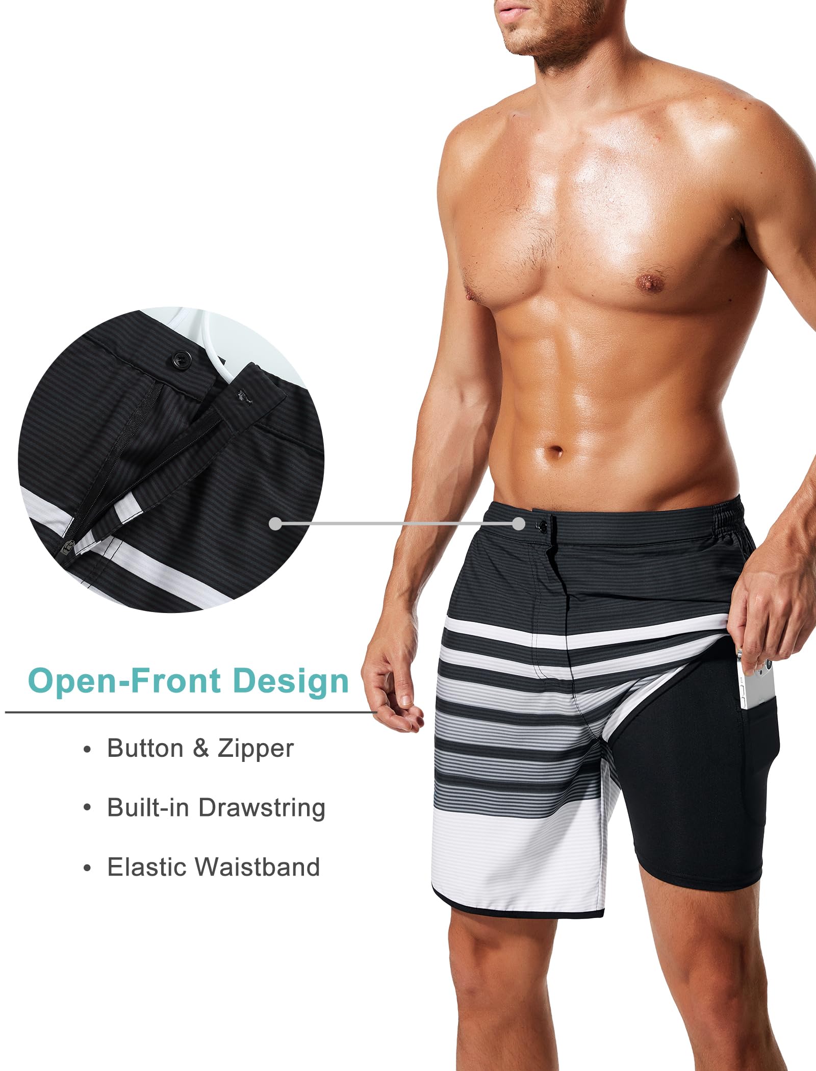 SILKWORLD Mens Swim Trunks Quick Dry 2 in 1 Swimming Shorts Suits with Compression Liner, Black White Stripe, Medium