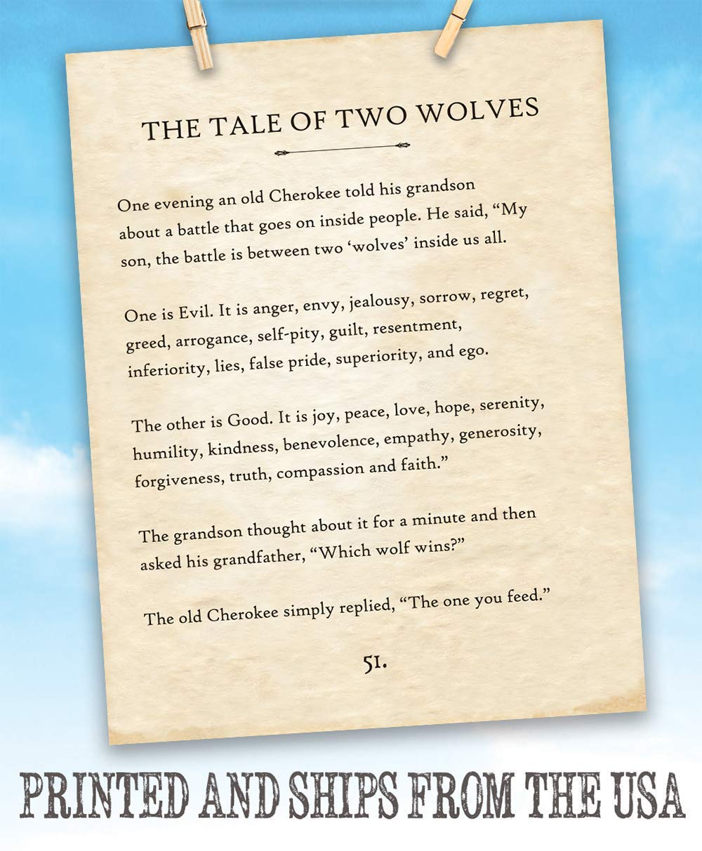 The Tale of Two Wolves Cherokee Poster - Canvas or Poster Native American Book Page Print - Great Motivational and Inspirational Gift for Home and Office Native American Decor for Home