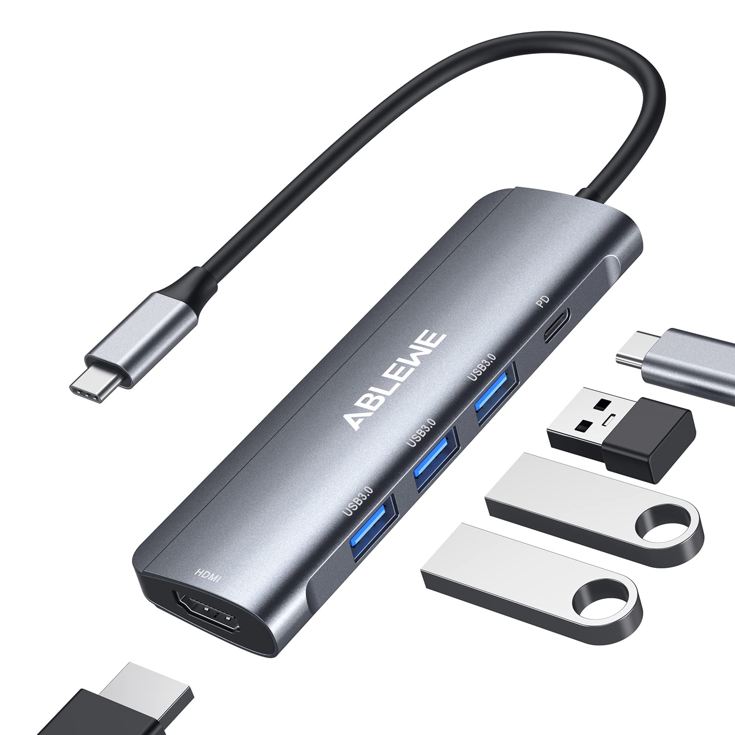 USB C Hub, ABLEWE USB C to HDMI Multiport Adapter, Thunderbolt 3 to HDMI Hub with 4K HDMI, 3*USB 3.0 and 100W PD Charging Adapter for MacBook Pro/Air 2020, iPad Pro/Chromebook/Pixelbook/XPS/Surface