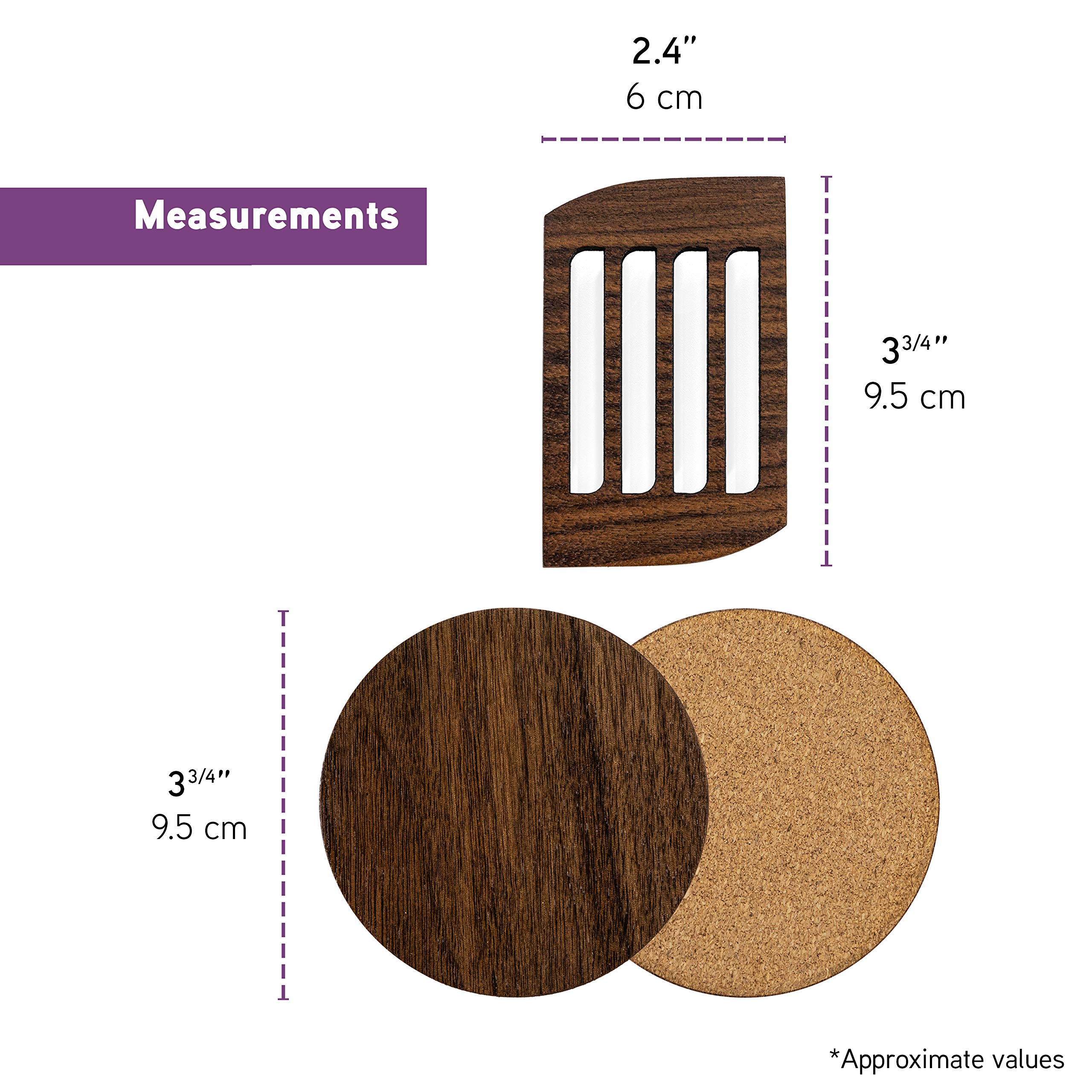 Walnut Wood & Cork Drink Coasters with Holder – Set of 4 Reversible Natural Round Wooden Coasters & Base for Absorbent Furniture Protection for Rustic Home and Office Décor – Perfect Housewarming Gift