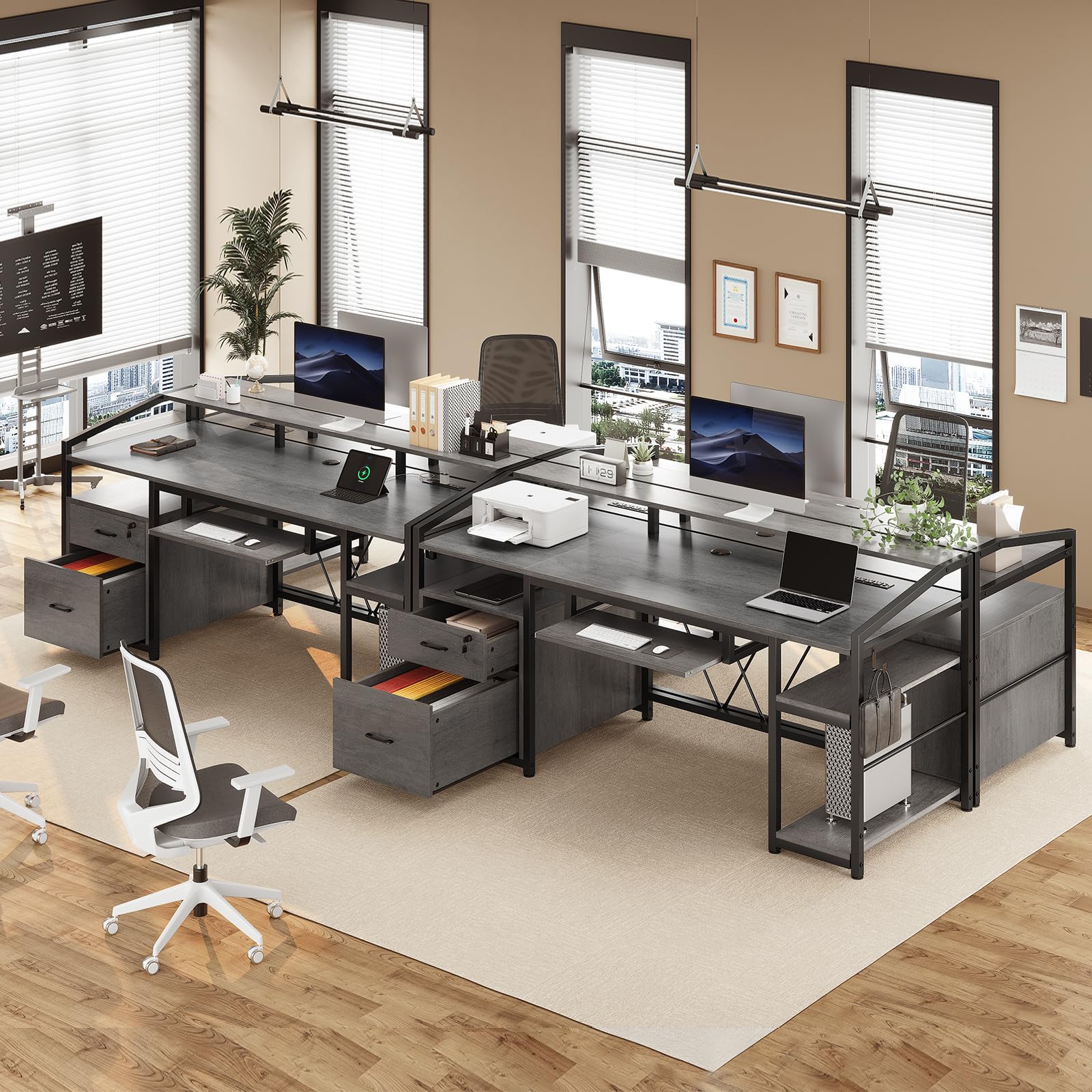 SEDETA Computer Desk, Desk with Lock Drawers for Legal, Letter File, Gaming Desk with LED Light & Power Outlets, Office Desks for Printer, Grey