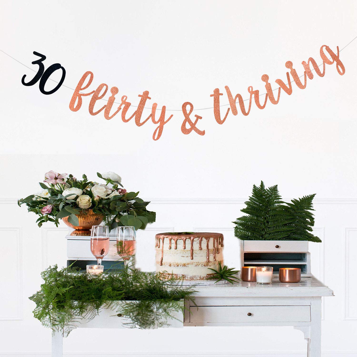 Rose Gold Glitter 30 Flirty & Thriving Banner - Cheers To 30 Years - Happy 30th Birthday Party Decoration Supplies