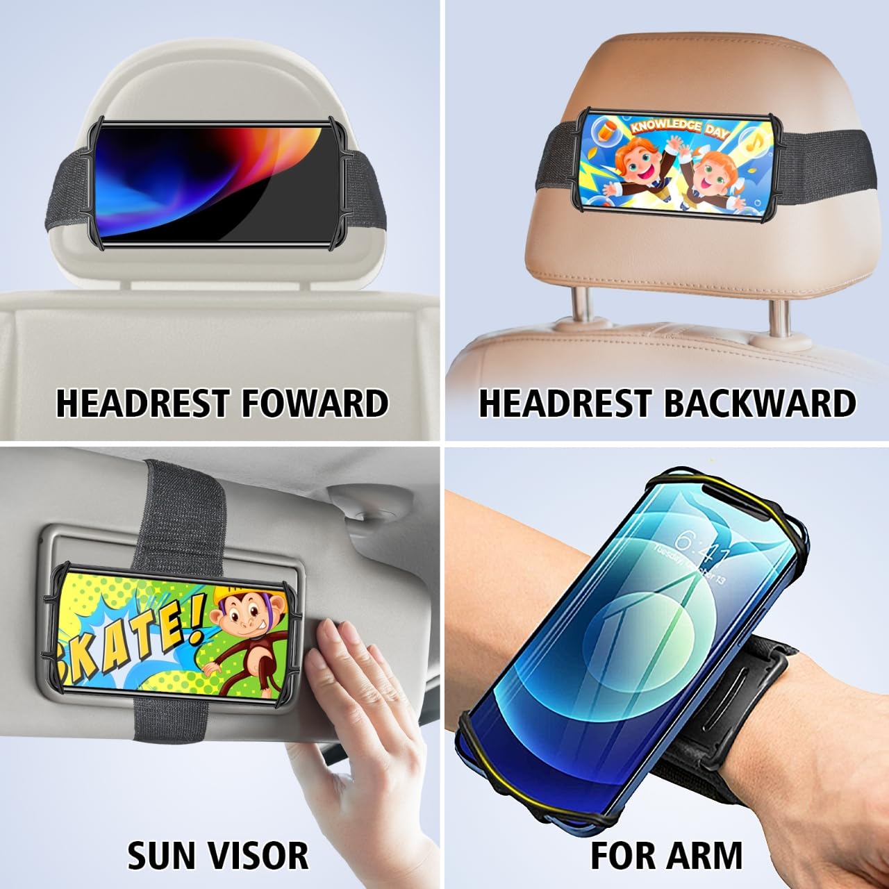 YAARHEJ Car Headrest Phone Holder for Kids Back Seat - Compatible with iPhone, Samsung and Other Cell Phones - Soft Adjustable Silicone Holding - Fits 9-33 Inch Circumference
