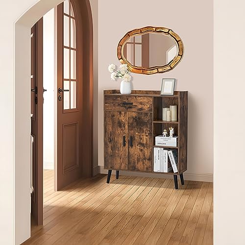 usikey Storage Cabinet, Floor Storage Cabinet with 2 Doors & 3 Shelves, Mid Century Cabinet, Accent Cabinet for Living Room, Entryway, Office, Rustic Brown