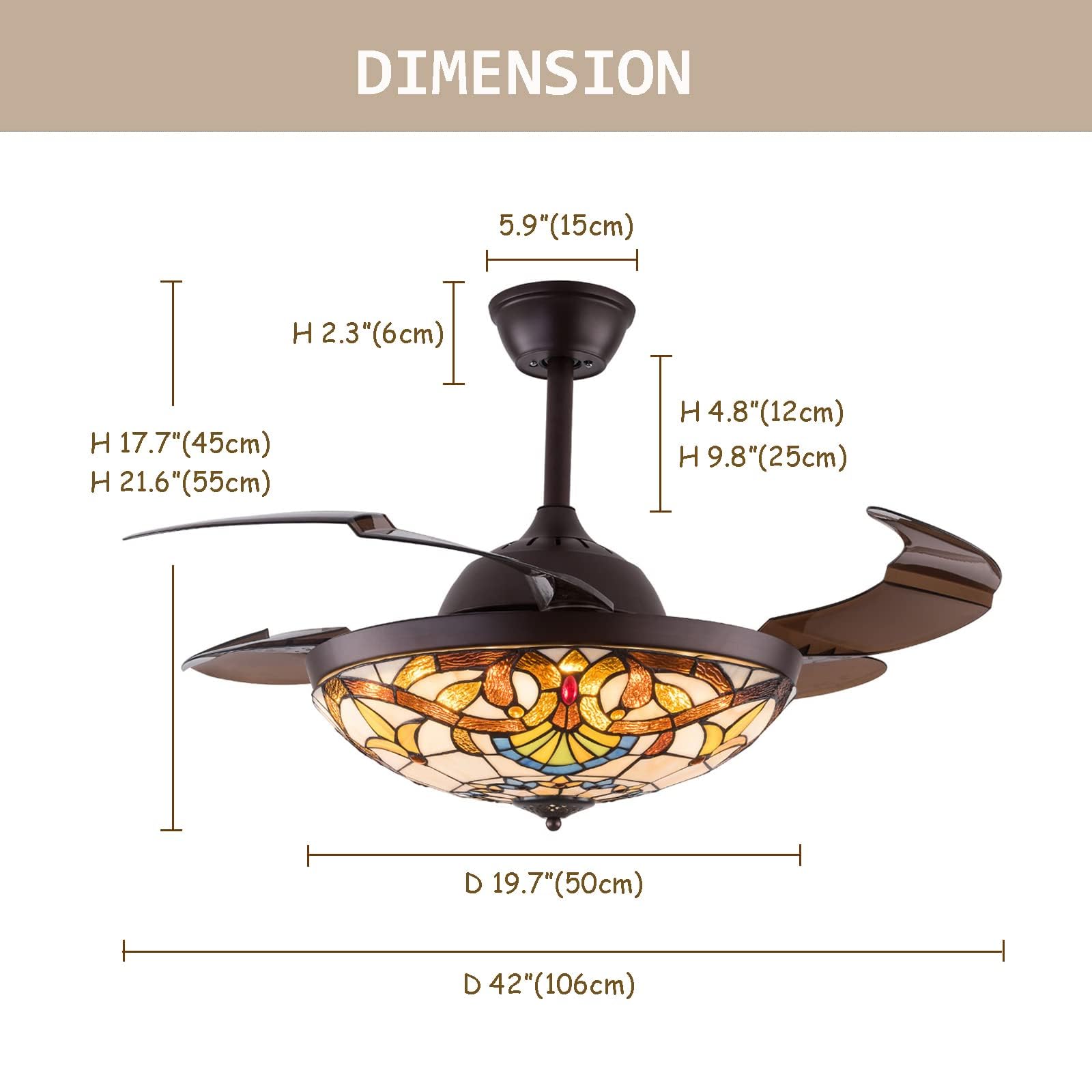 TFCFL 42 Inch Tiffany Style Invisible Ceiling Fan with Lights and Remote Control,Retractable Blades 3 Speeds 3 Light Changes Fandelier Chandelier Fan,Quiet Motor,Indoor Ceiling Lighting Fixture
