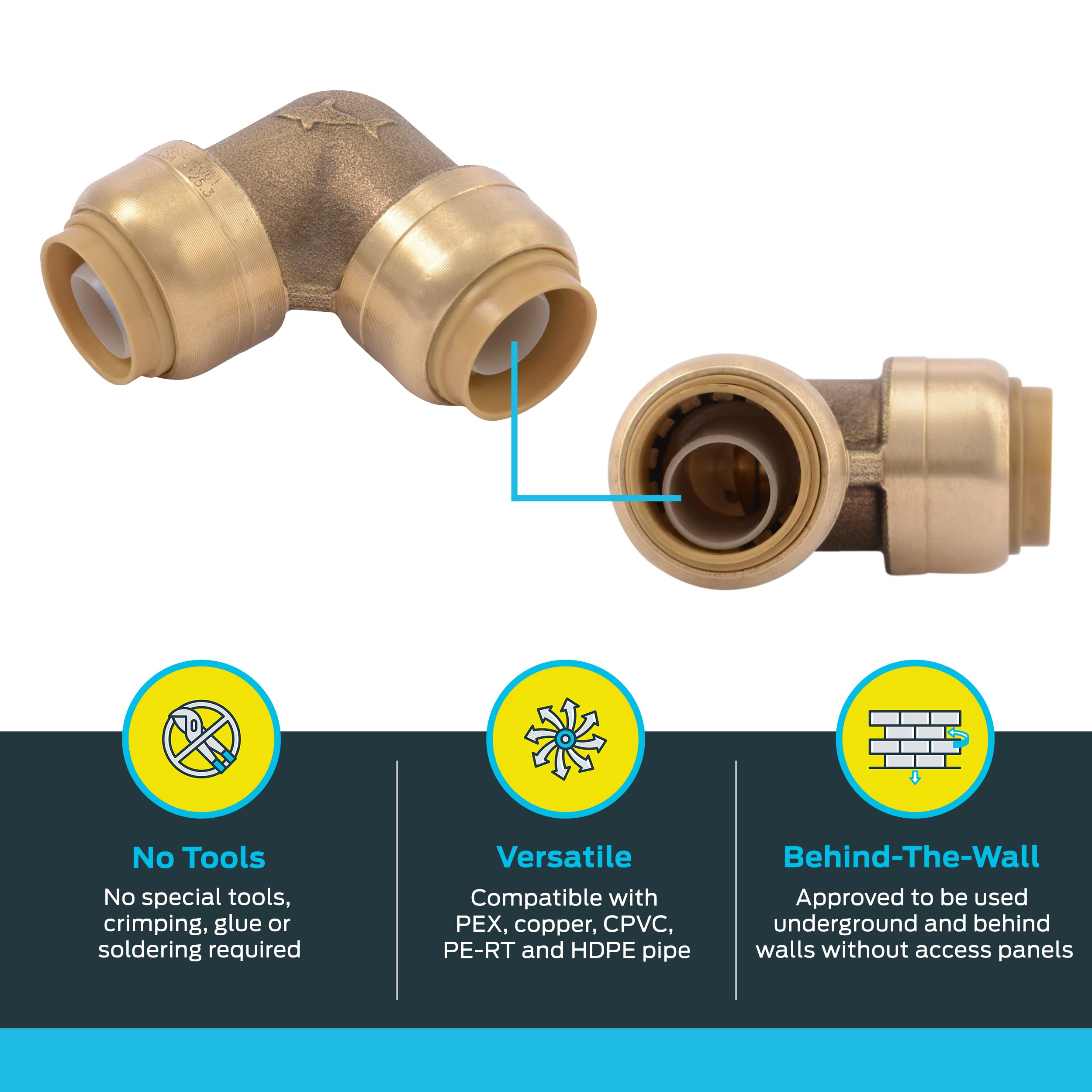 SharkBite 1/2 Inch 90 Degree Elbow, Pack of 4, Push to Connect Brass Plumbing Fitting, PEX Pipe, Copper, CPVC, PE-RT, HDPE, U248LFA4