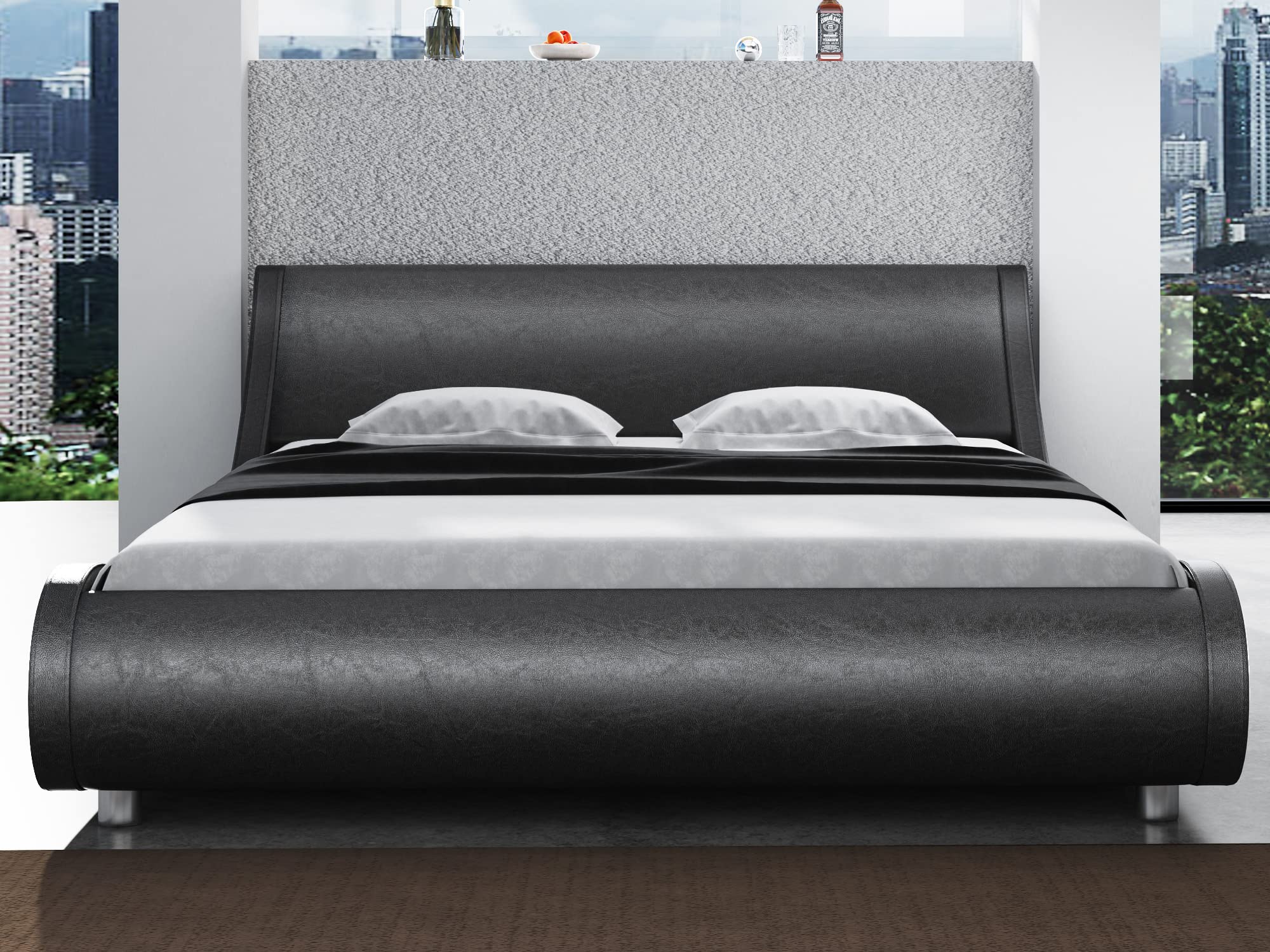 SHA CERLIN King Size Platform Bed Frame - Stylish Low Profile Design, Ergonomic Faux Leather Headboard, No Box Spring Needed, Modern Sleigh Bed, White