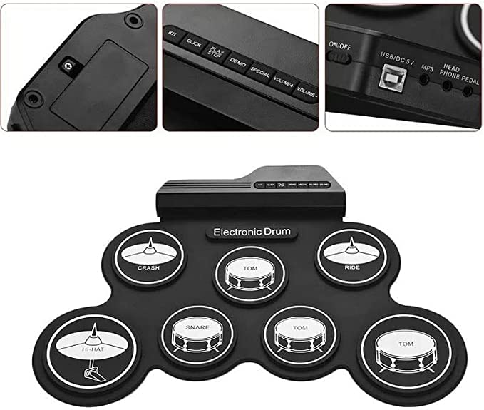 Vereisse 7 Pads Electronic Drum Kit Set, Portable Electronic Rolling Up Drumwith USB Cable Pedals Drum Sticks for Beginners