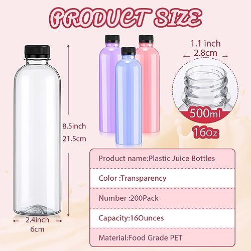 Thyle 200 Pieces Juice Bottles for Juicing Plastic Juice Bottles with Caps Bulk Clear Bottle with Caps Empty Reusable PET Bottles for Drinking Milkshake Smoothies Beverages Fridge (Black,16 oz)