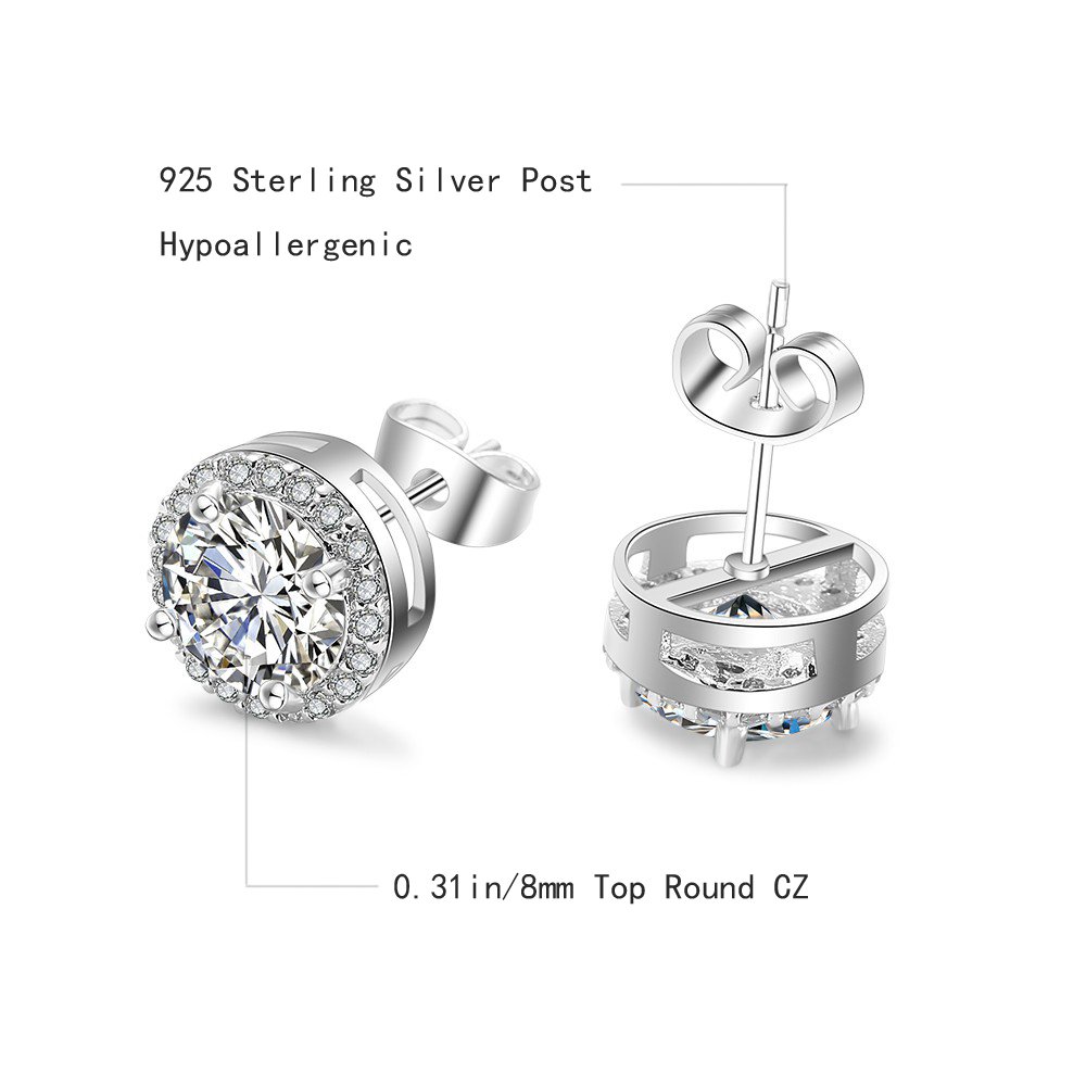 Silver Cubic Zirconia Stud Earrings - 925 Sterling Silver Crystal Round Diamond Rhinestone CZ Halo Studs Earrings for Women Men Everyday Earrings