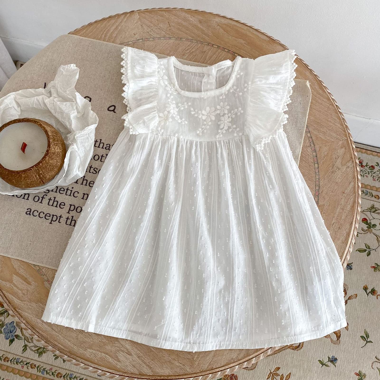 Toddler Girls Summer Dress Cotton Patterned Lace Ruffle Sleeve Pricess Dress White 2-3T