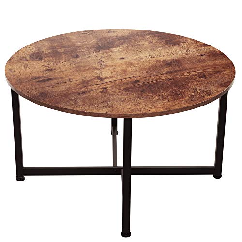 usikey Round Coffee Table for Living Room, Retro Cocktail Table with X Base9 Metal Frame, Sofa Table, Office Table, Entertainment Center for Gaming, in Home Office, Rustic Brown
