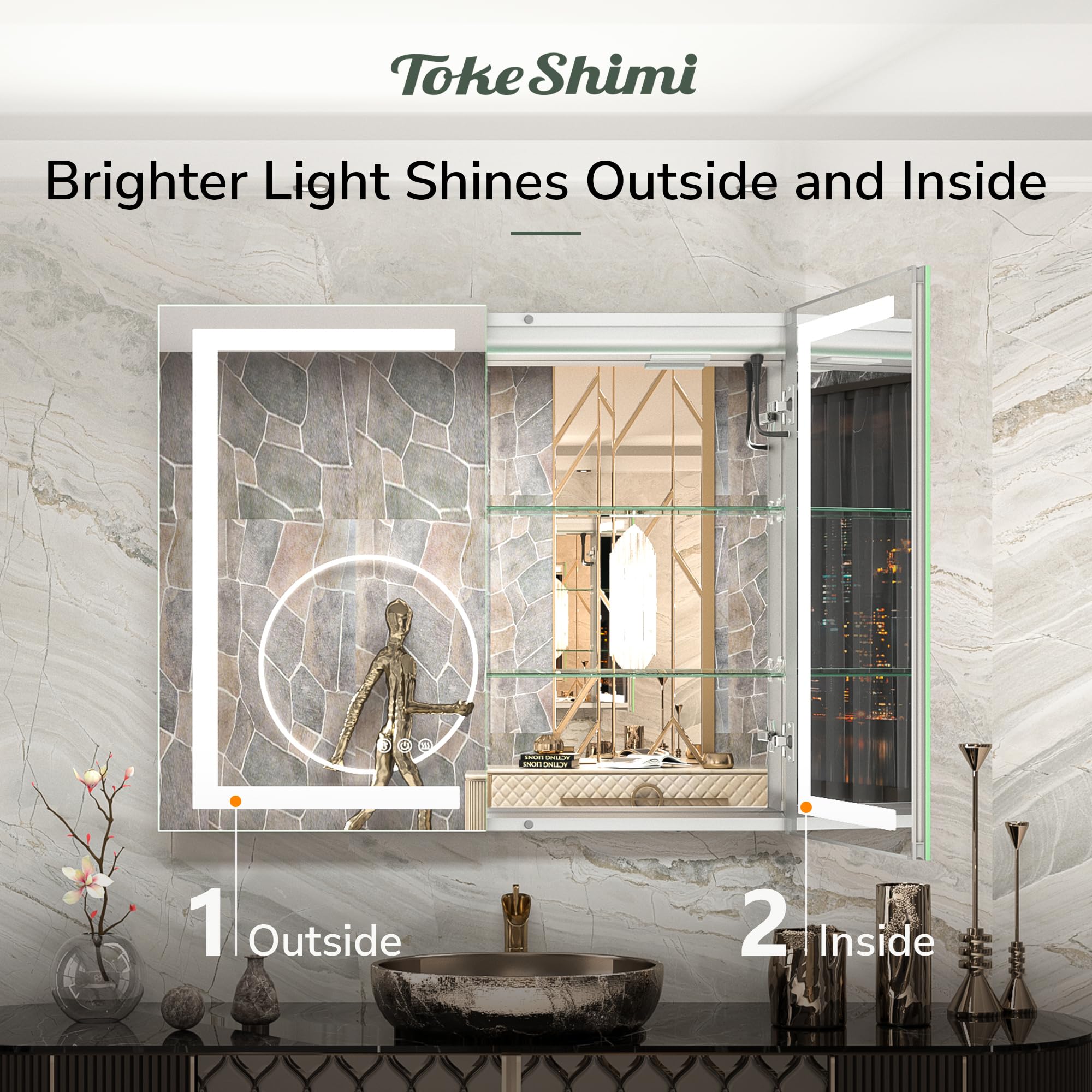 TokeShimi 40x32 Surface Mount Medicine Cabinet Mirror with Electrical Outlet, Frontlit Anti-Fog 3 Colors Temperature Dimmable Surface or Recessed Mount for Bathroom Vanity and Modern