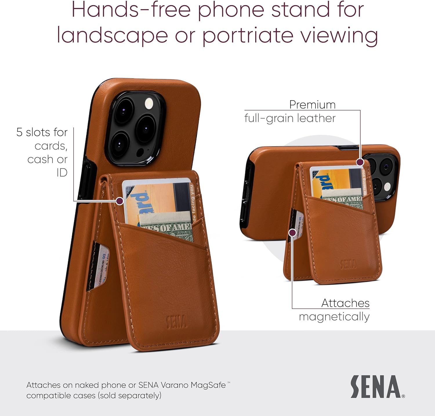 Sena Wallet Phone Stand, Card Holder Attachment for Apple iPhone 12/13/14/15 Pro/Max/Max Pro, iPhone Leather Wallet with MagSafe (Tan)