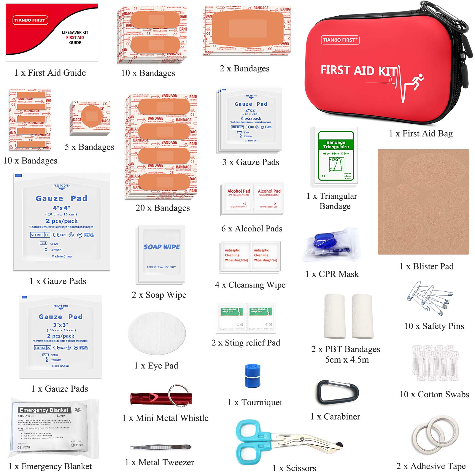 TIANBO FIRST Mini First Aid Kit, 107 Pieces Hard Shell Small Medical Pouch, Lightweight Emergency Survival Bag for Hiking Camping Backpacking Travel, Red