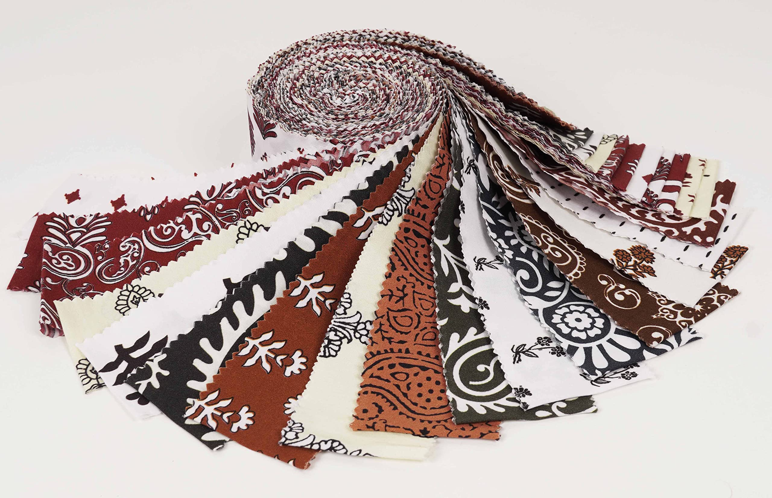 Soimoi 40Pcs Asian Block Print Cotton Precut Fabrics for Quilting Craft Strips 2.5x42inches Jelly Roll - Maroon, White, Pale Yellow, Brown
