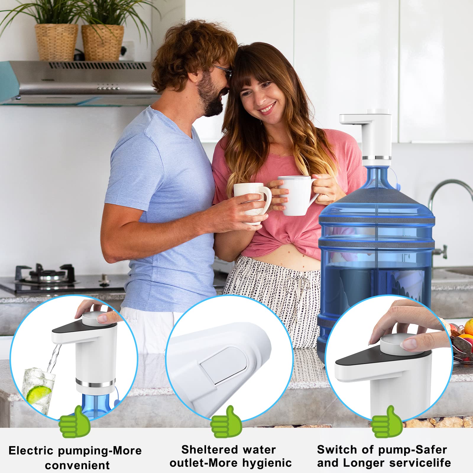 Water Dispenser Pump for 5 Gallon Bottle, Portable Water Bottle Pump with USB Charging, Electric Automatic for 2-5 Gallon Jugs, for Home Camping -White