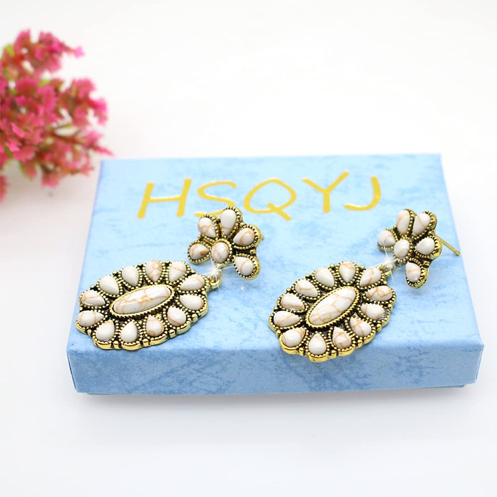 Vintage Boho Statement Drop Earrings Oval Imitate Turquoise Ethnic Charms Flower Dangle Earring for Women Jewelry Gift (white)