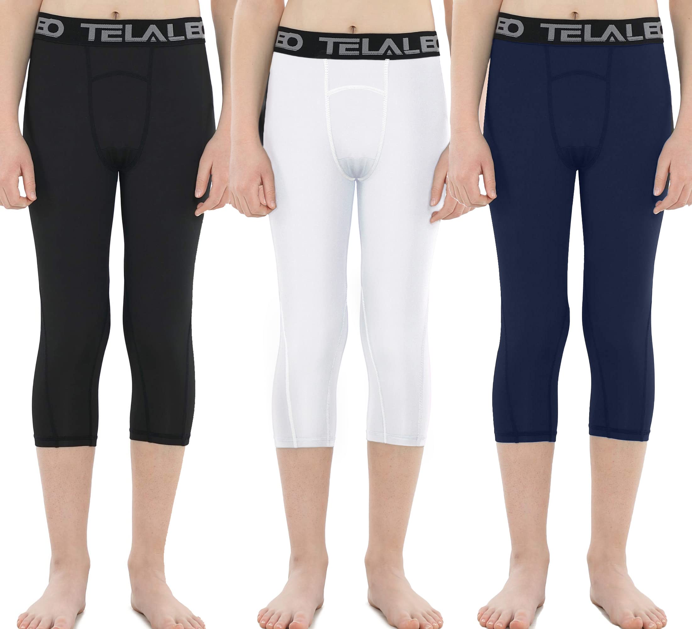 TELALEO 3/4 Boys Youth Compression Leggings Tights Base Layer Sports Running Capris Kids for Workout Training Black Red S