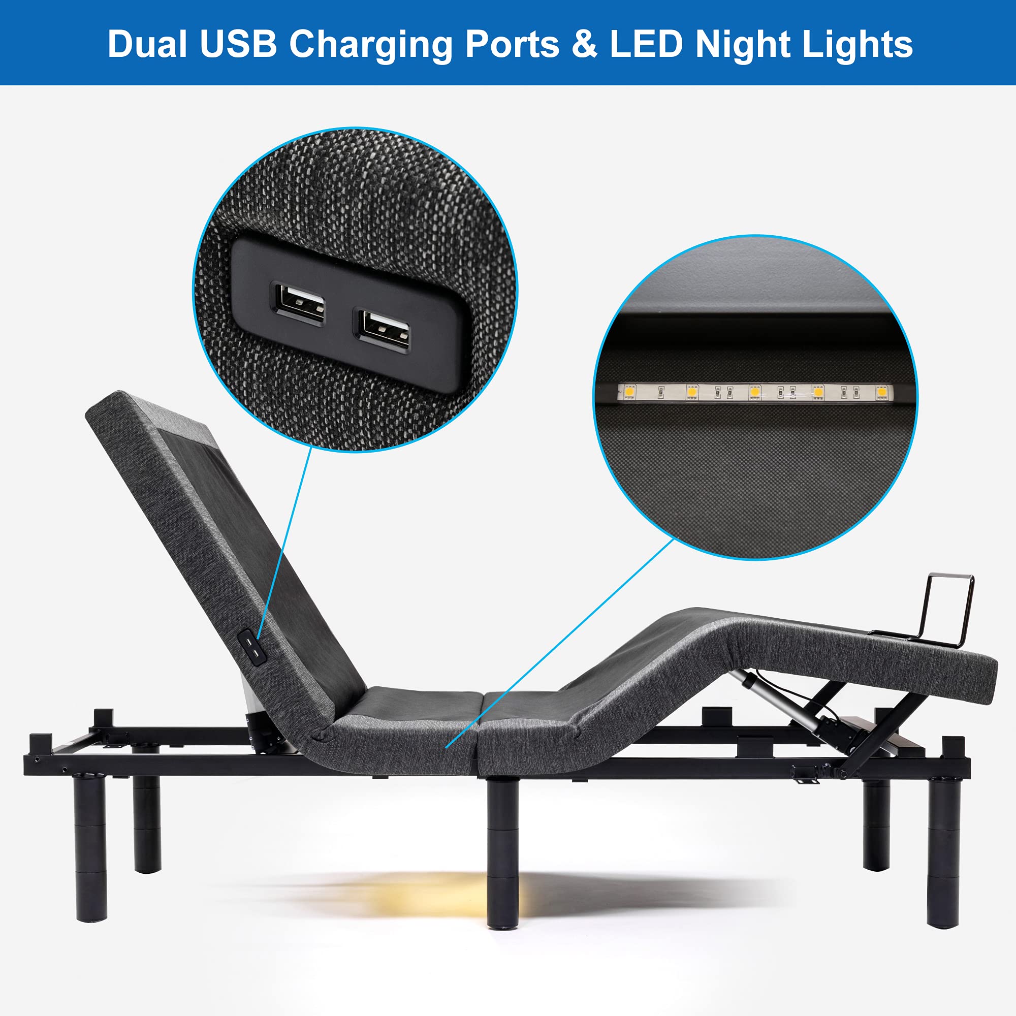 S*MAX Adjustable Bed Frame Queen Dual Motors Dual USB Ports Wireless Remote Control Night Light Zero Clearance Zero gravity Anti-Snoring Adjustable Bed Base Head and Foot Incline