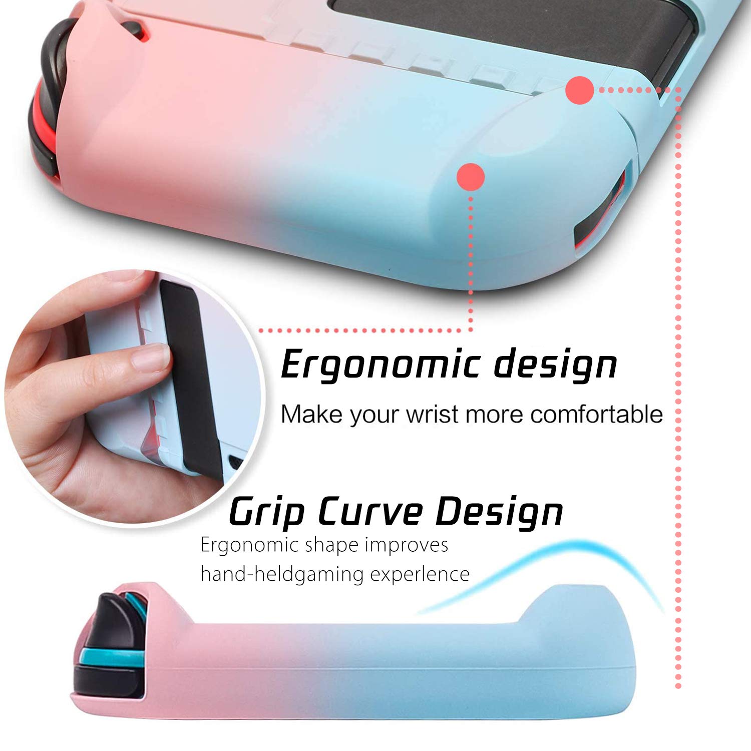 Upgraded Dockable Case for Nintendo Switch, FANPL Protective Case Cover for Nintendo Switch and Joy Con Controller with 2 Cat Paw Thumb Grips (Pastel Pink & Blue)