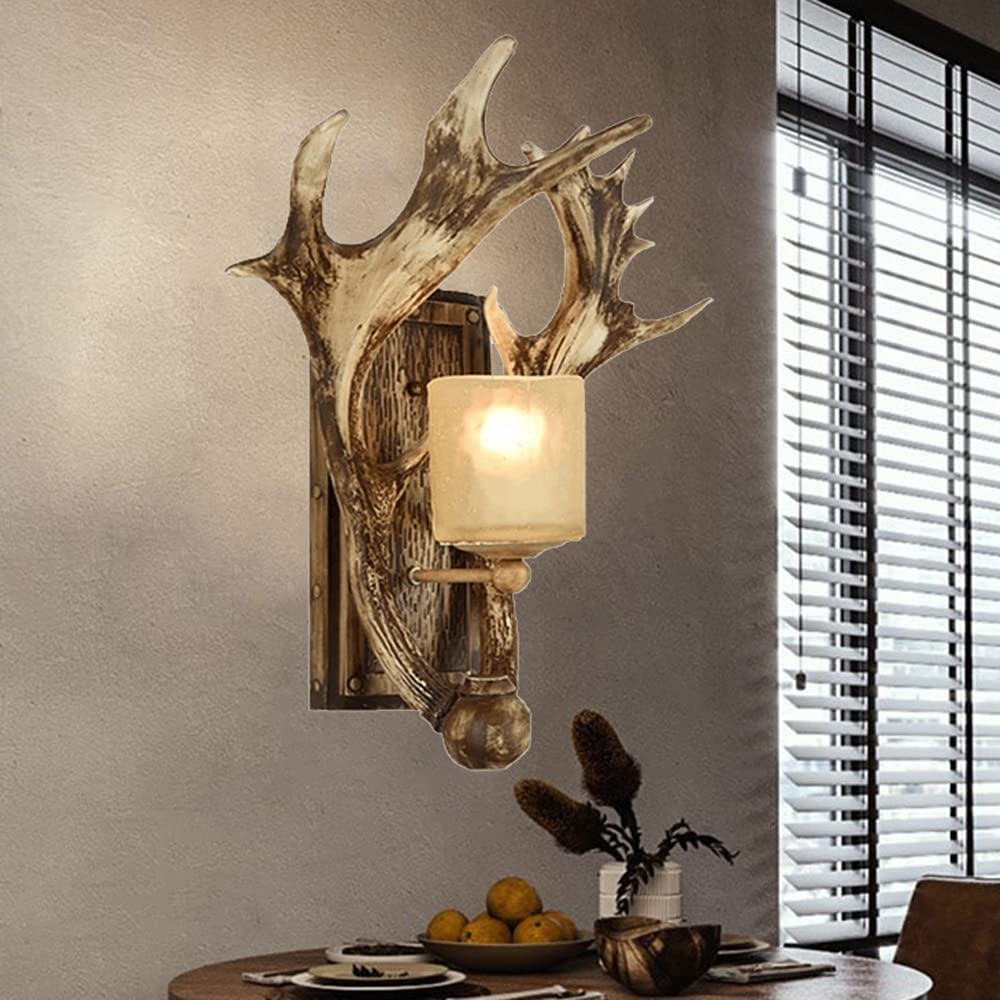 Vintage Deer Antler Wall Sconces, Nordic Industrial Wall Lamp, E27 Bedroom Wall Lights, Aisle Creative Deer Head Decorative Lamp (Vintage Color）