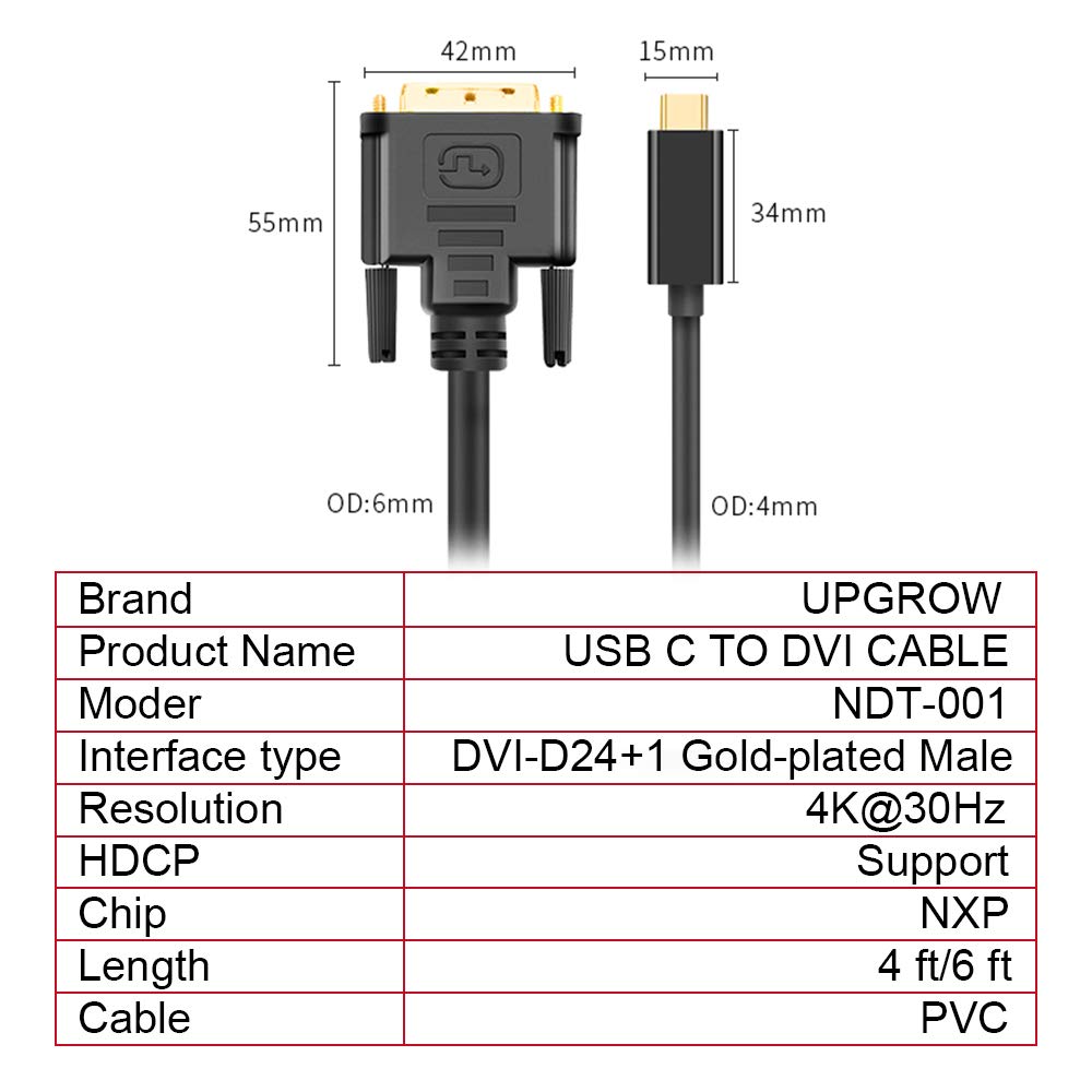 UPGROW USB C to DVI Cable 4K@30Hz 4FT USB Type-C to DVI Male Support 2017-2020 MacBook Pro,Surface Book 2, Dell XPS 13,Galaxy S10